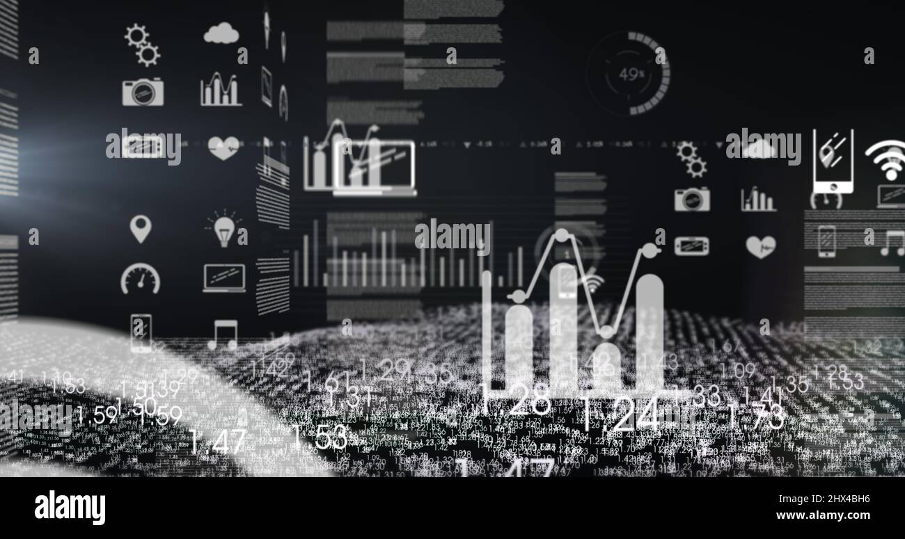 Image of data processing on black background Stock Photo - Alamy