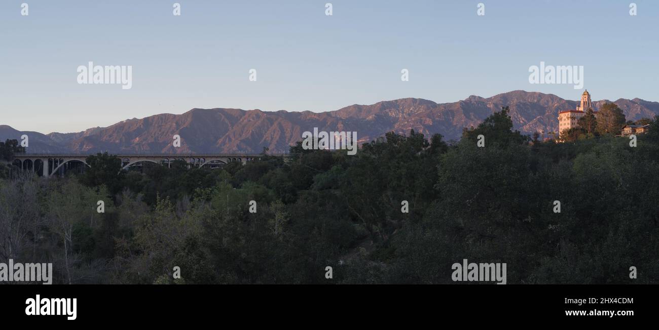 Panoramic view of the Arroyo Seco, the Colorado Street Bridge, and ...