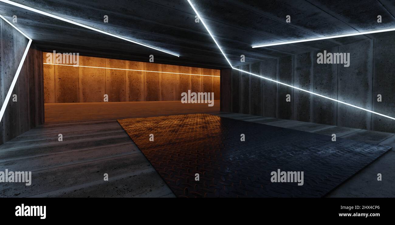 dark empty concrete industrial basement hall futuristic design with ...