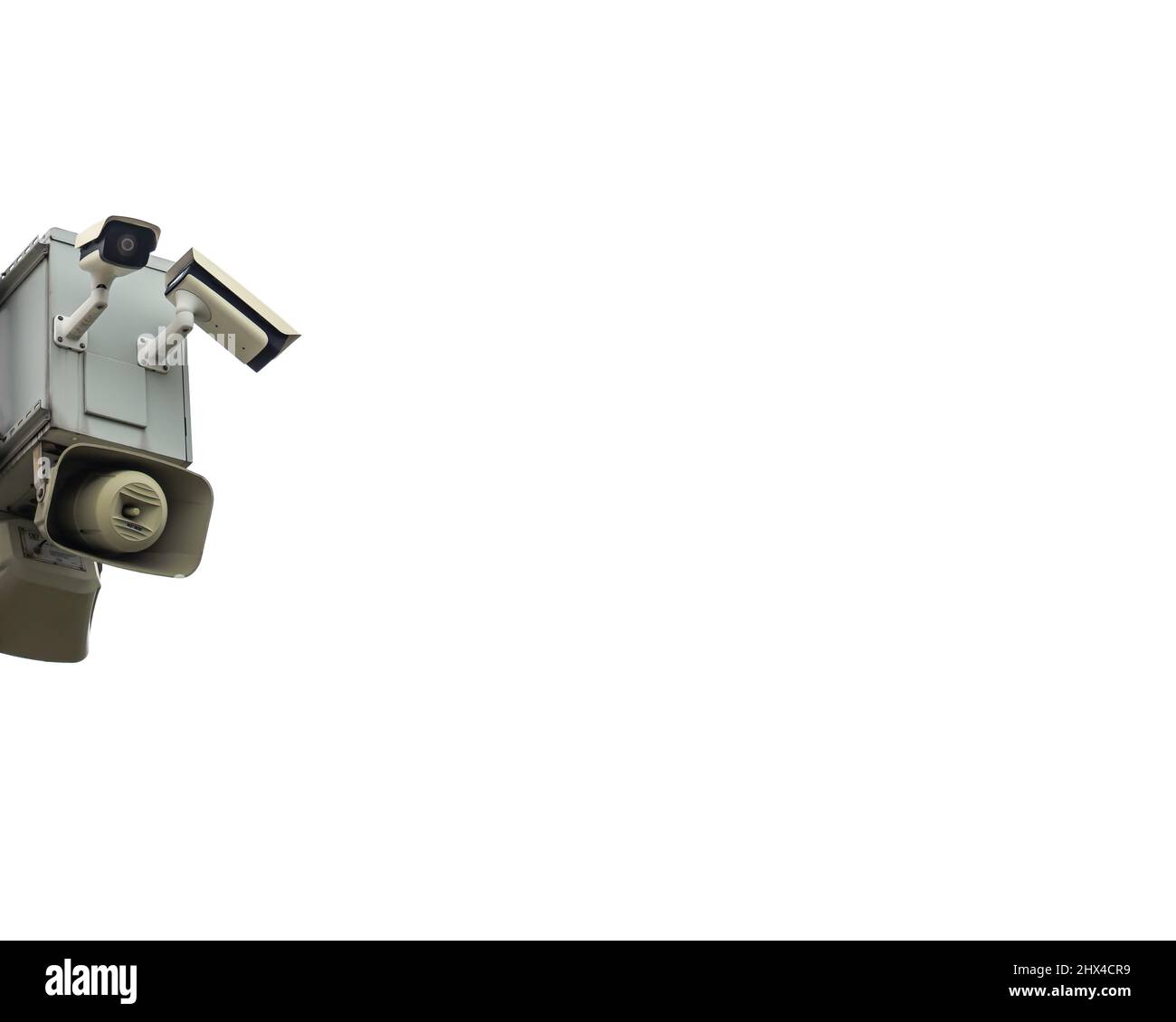CCTV security surveillance cameras and horn speaker isolated on white ...