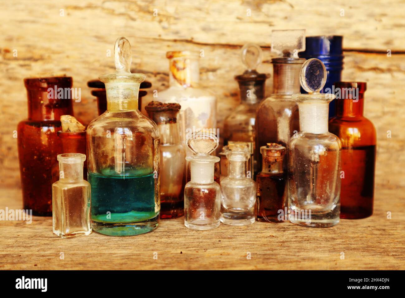 Antique Medicine Bottles, Victorian Era, on a original 1800s wooden ...