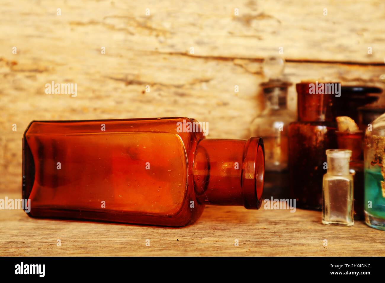 Antique Medicine Bottles, Victorian Era, on a original 1800s wooden ...