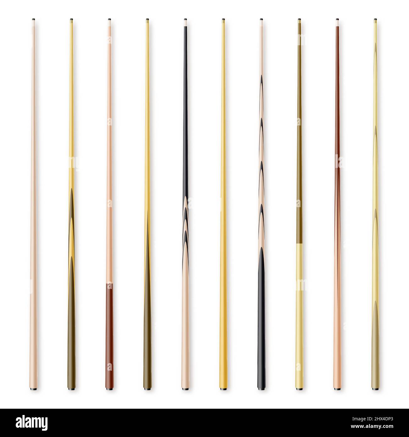 Various wooden billiard cues isolated on white background. Snooker sports equipment. Vintage ...