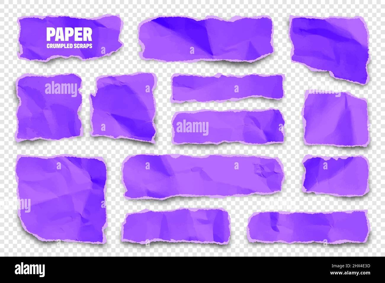Violet ripped paper strips. Realistic colorful crumpled paper scraps ...