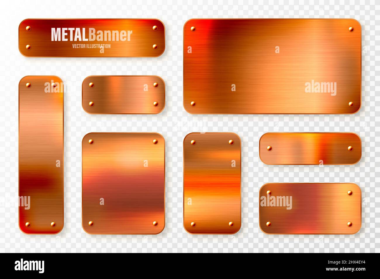 Realistic copper banners collection. Brushed stainless steel plate with ...
