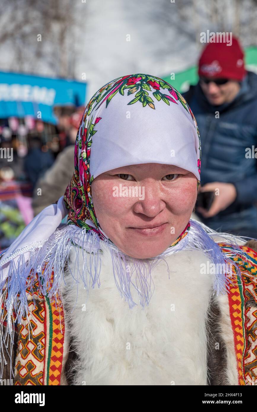 Portrait of a Nenet woman at the Reindeer Herders Festival in Salekhard ...