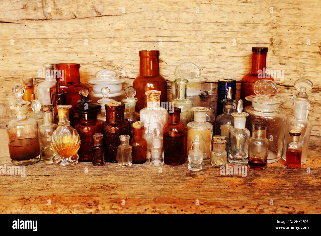 Antique Medicine Bottles, Victorian Era, on a original 1800s wooden ...