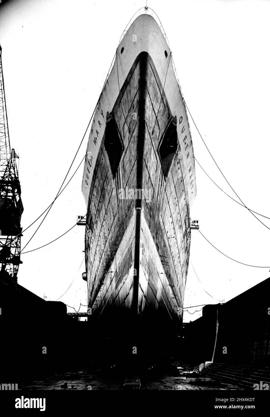 The Queen Mary Is Also Held Up -- A bow view of the Queen Mary in dry ...