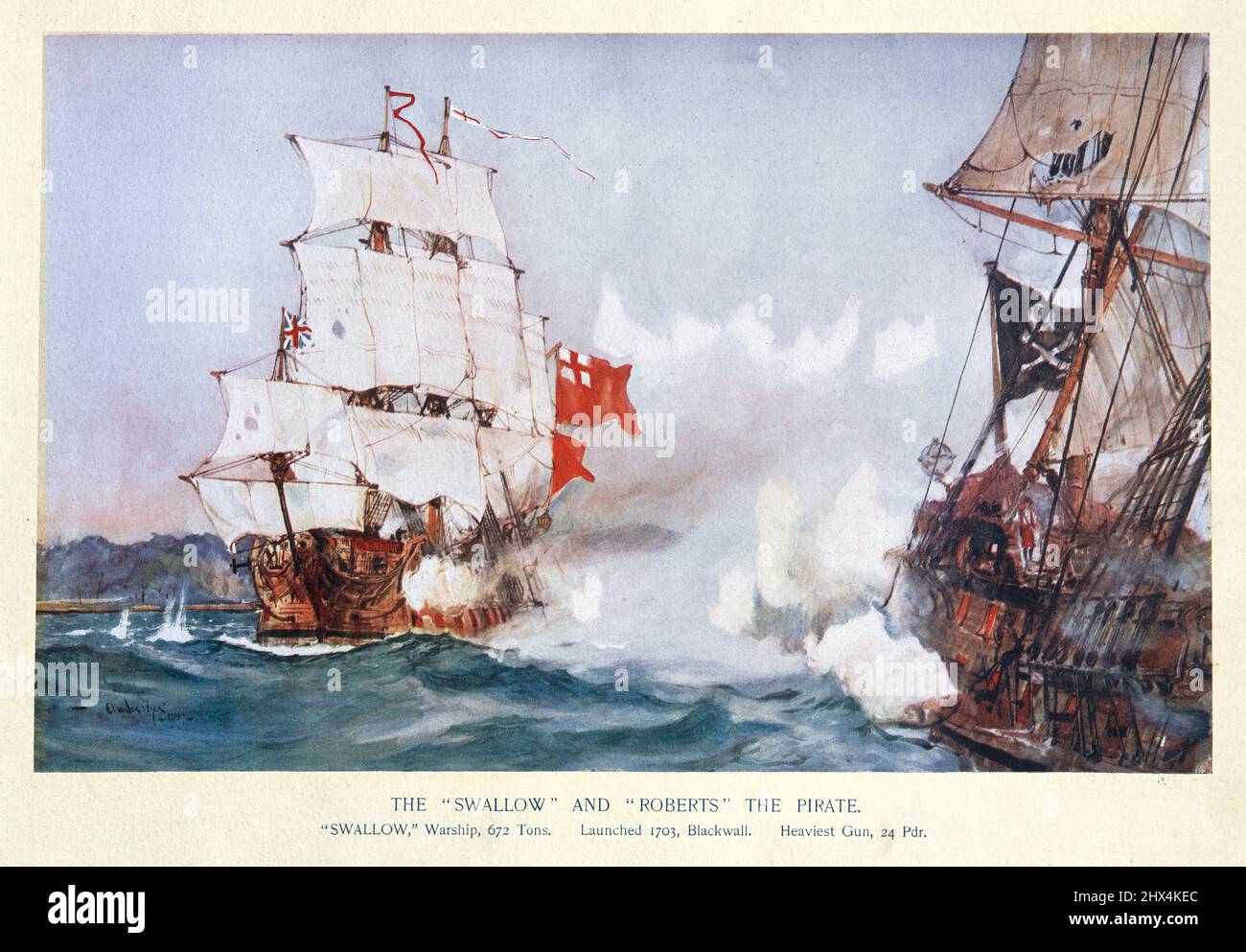 Royal Navy warship HMS Swallow fighting with the pirate ship ...