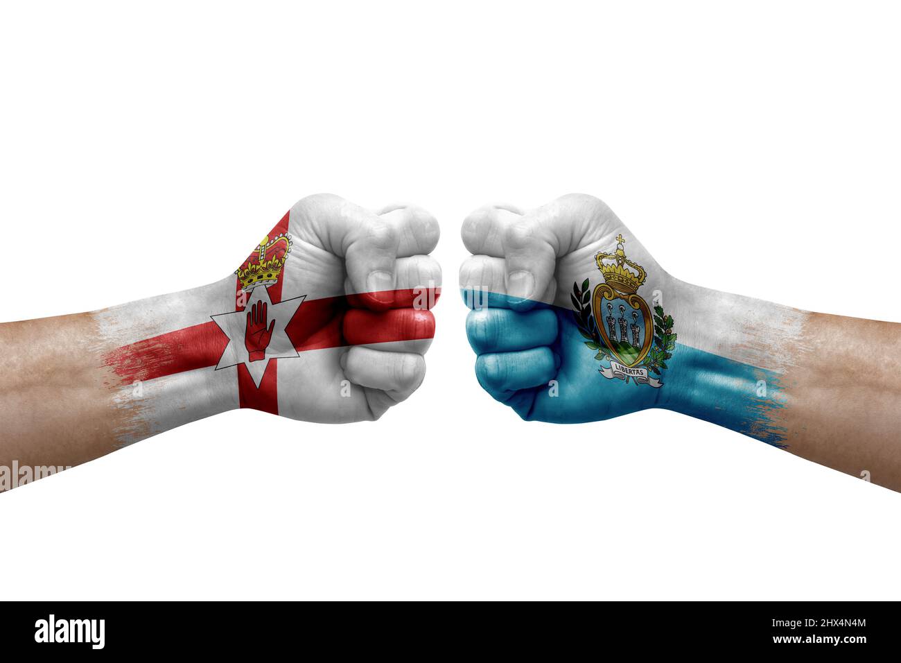 Two hands punch to each others on white background. Country flags ...
