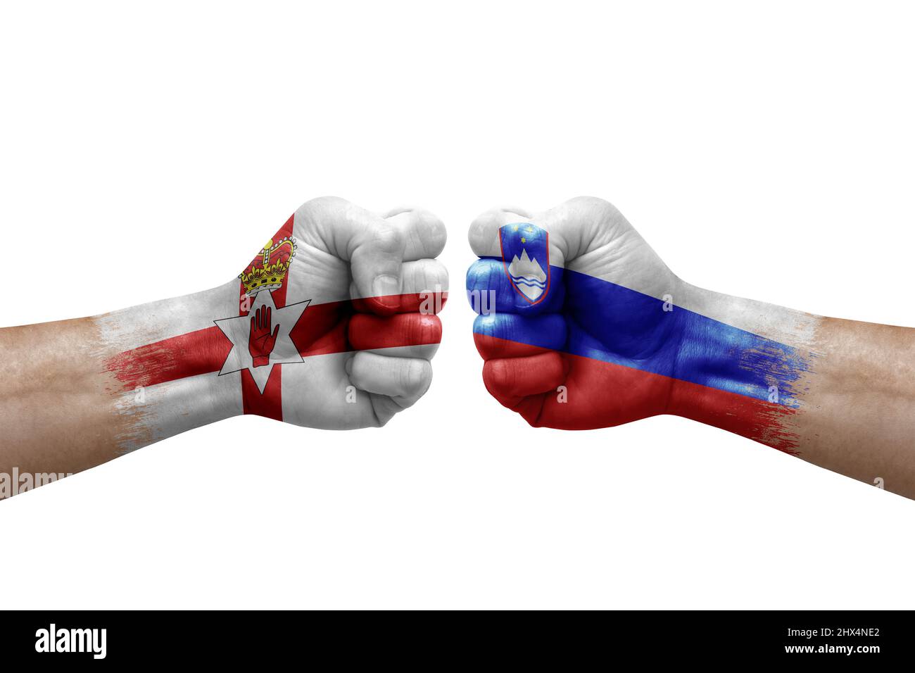 Two hands punch to each others on white background. Country flags ...