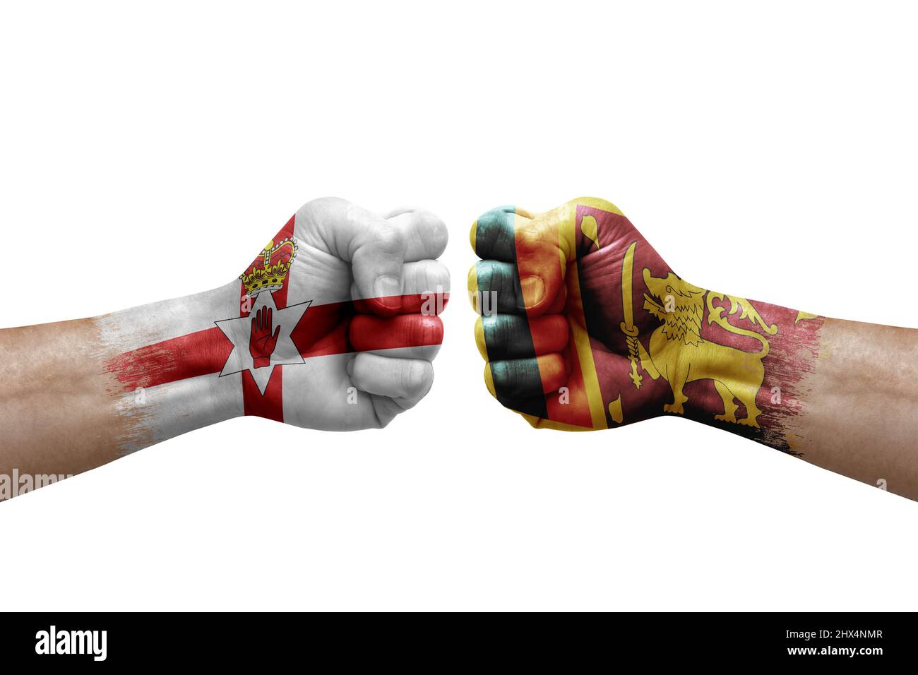 Two hands punch to each others on white background. Country flags ...