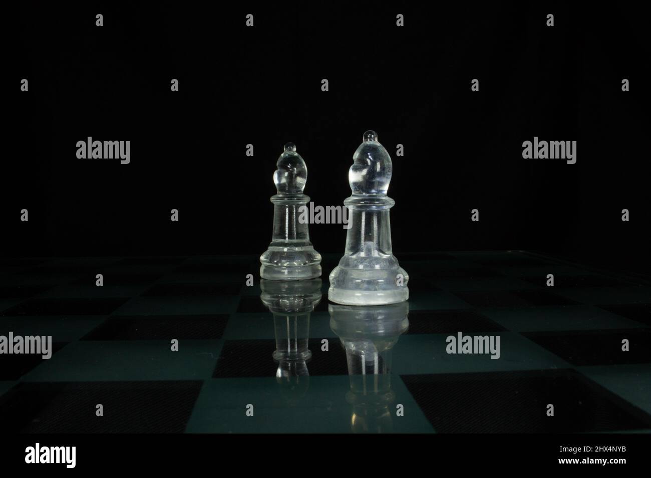 two clear chess piece bishop isolated on a chequered chess board with a ...