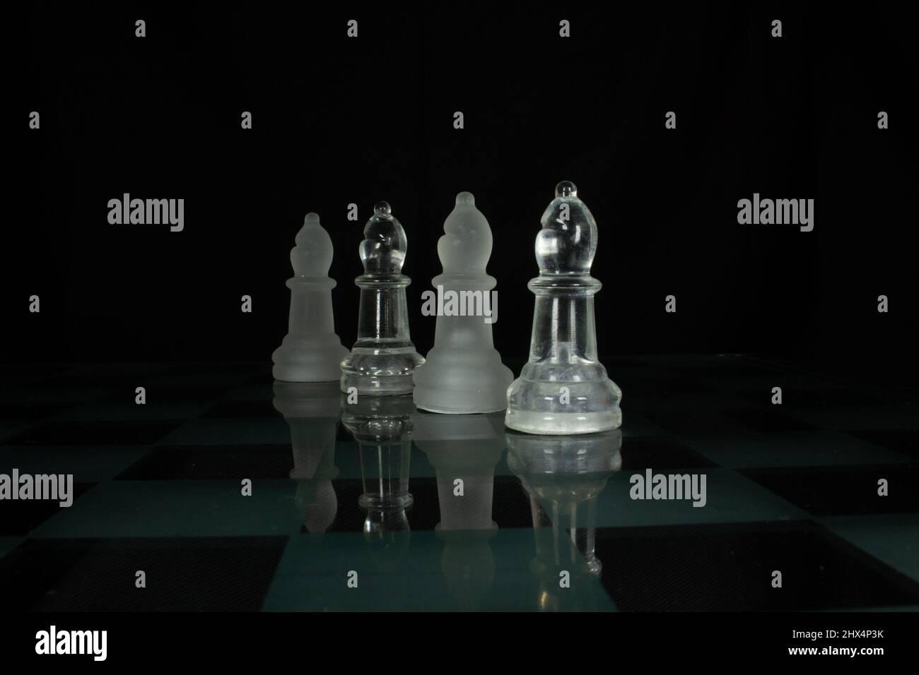 two white opaque and two clear chess piece bishop isolated on a ...