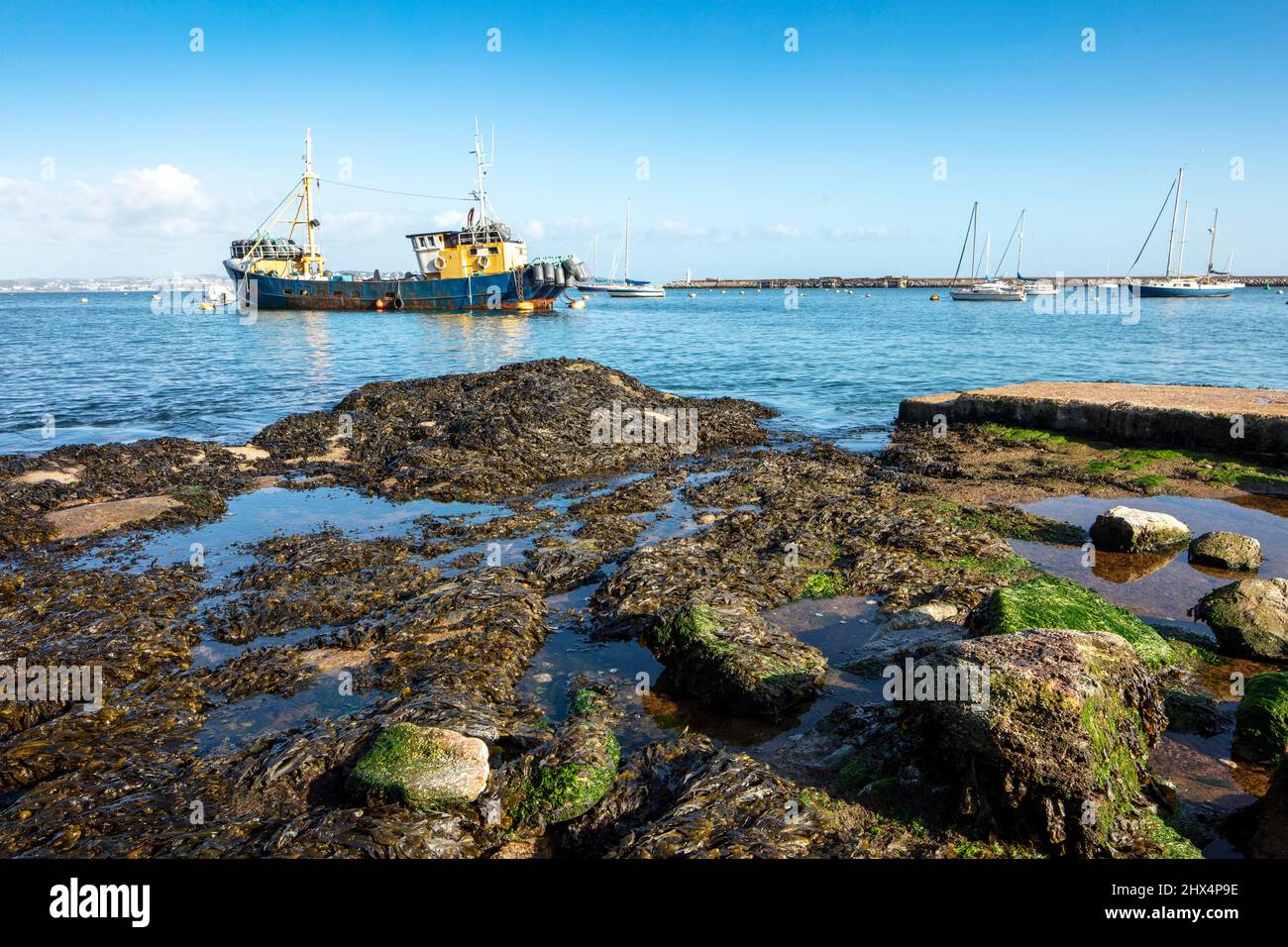 Strong seascape with ship off the beautiful English Riviera at Oxen ...