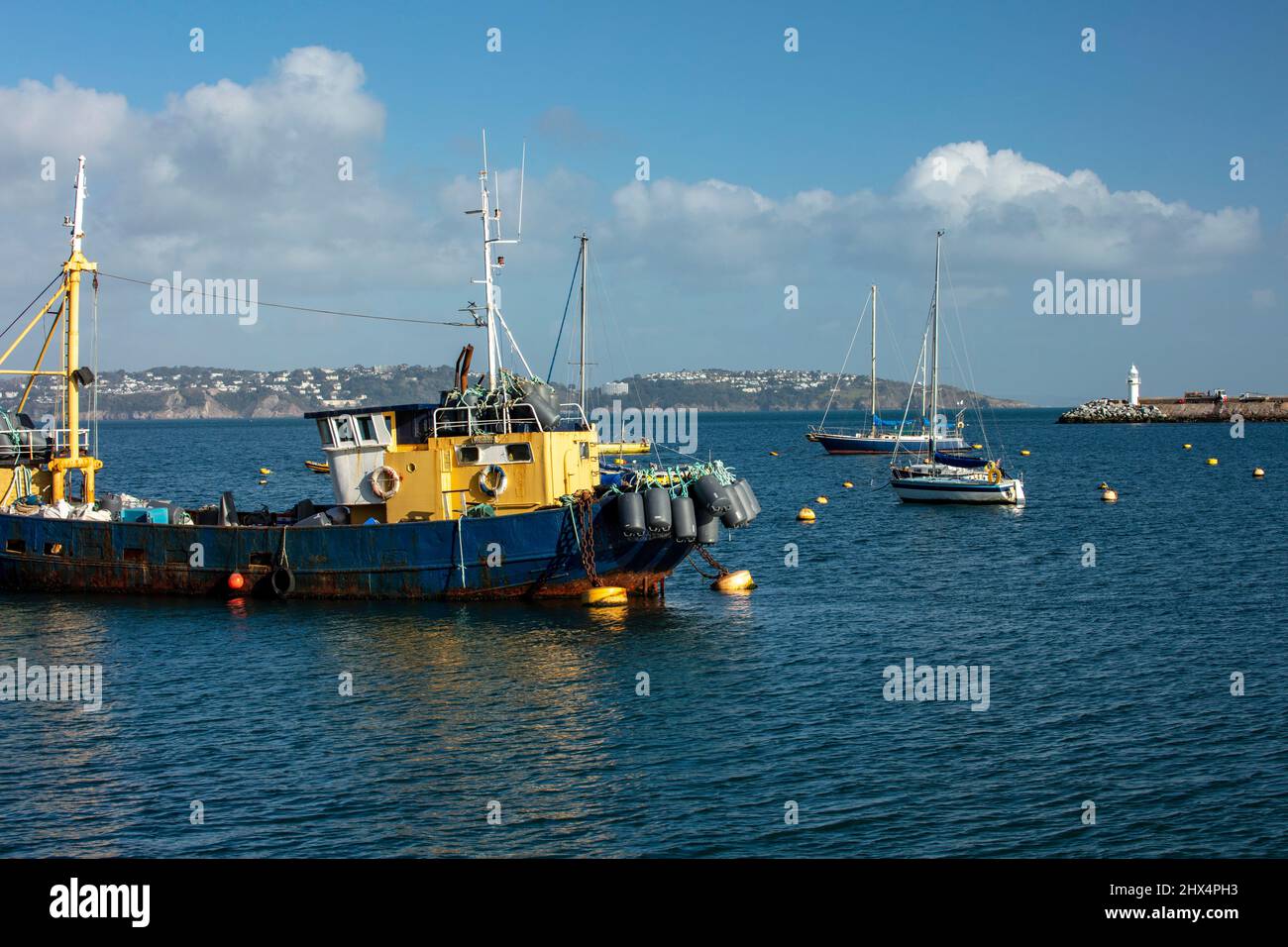 Strong seascape with ship off the beautiful English Riviera at Oxen ...