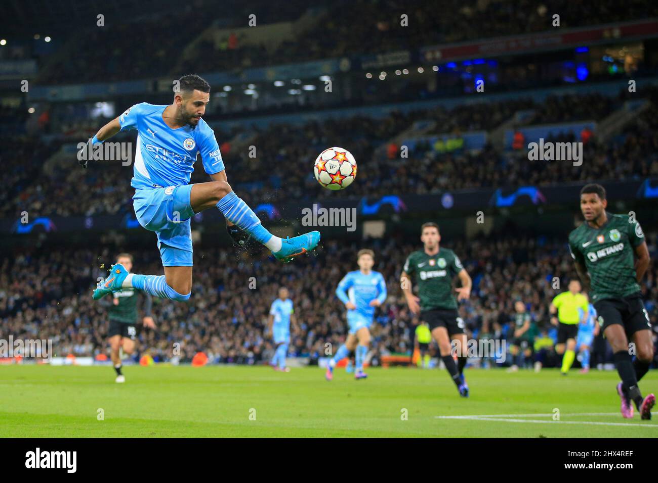 Riyad Mahrez #26 of Manchester City has an effort on goal Stock Photo ...