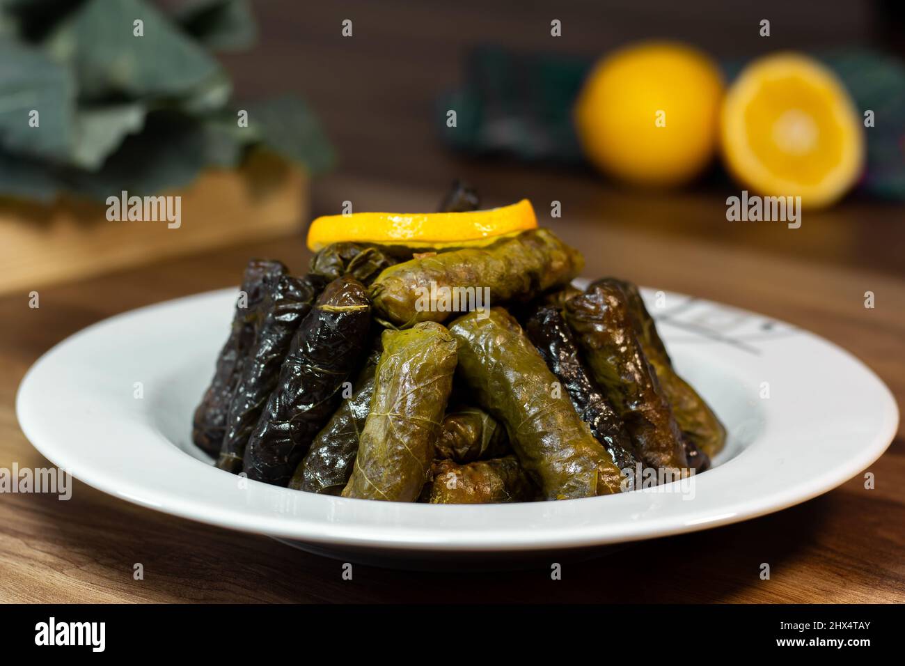 Turkish sarma (dolma), stuffed black cabbage and grape leaves rice ...