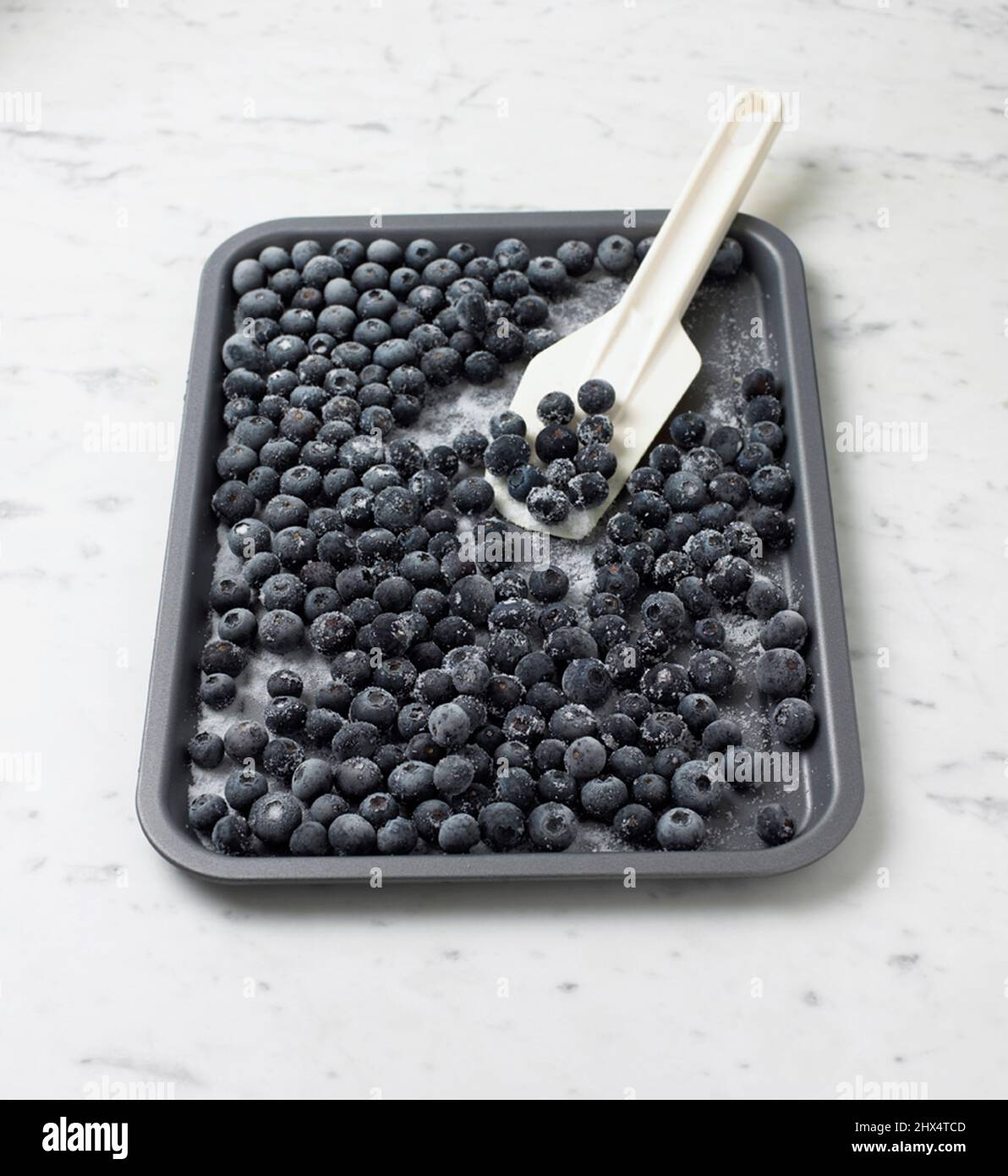 Frozen blueberries on tray, close-up Stock Photo - Alamy