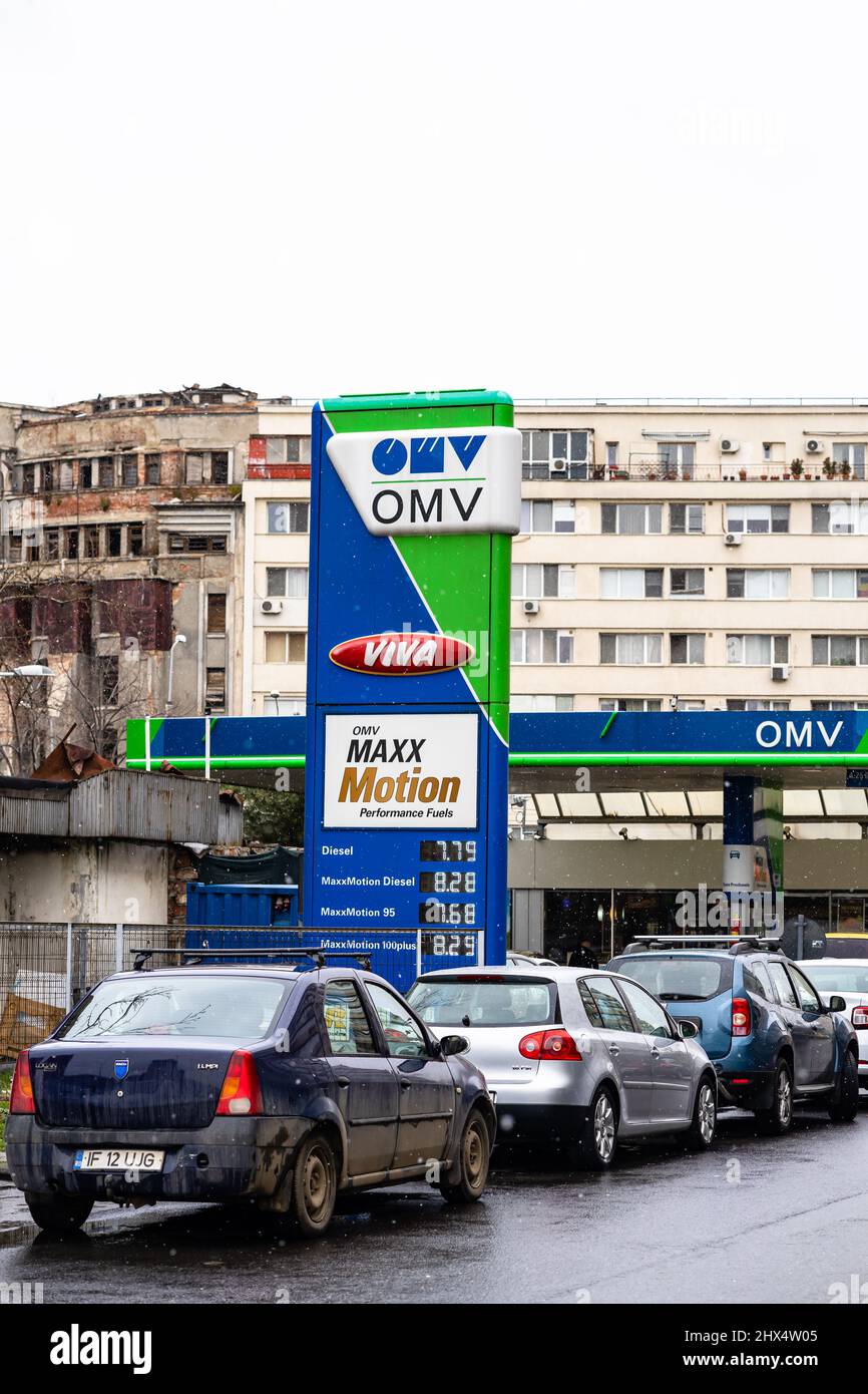 Price of fuel. View of OMV gas station in Bucharest, Romania, 2022 ...