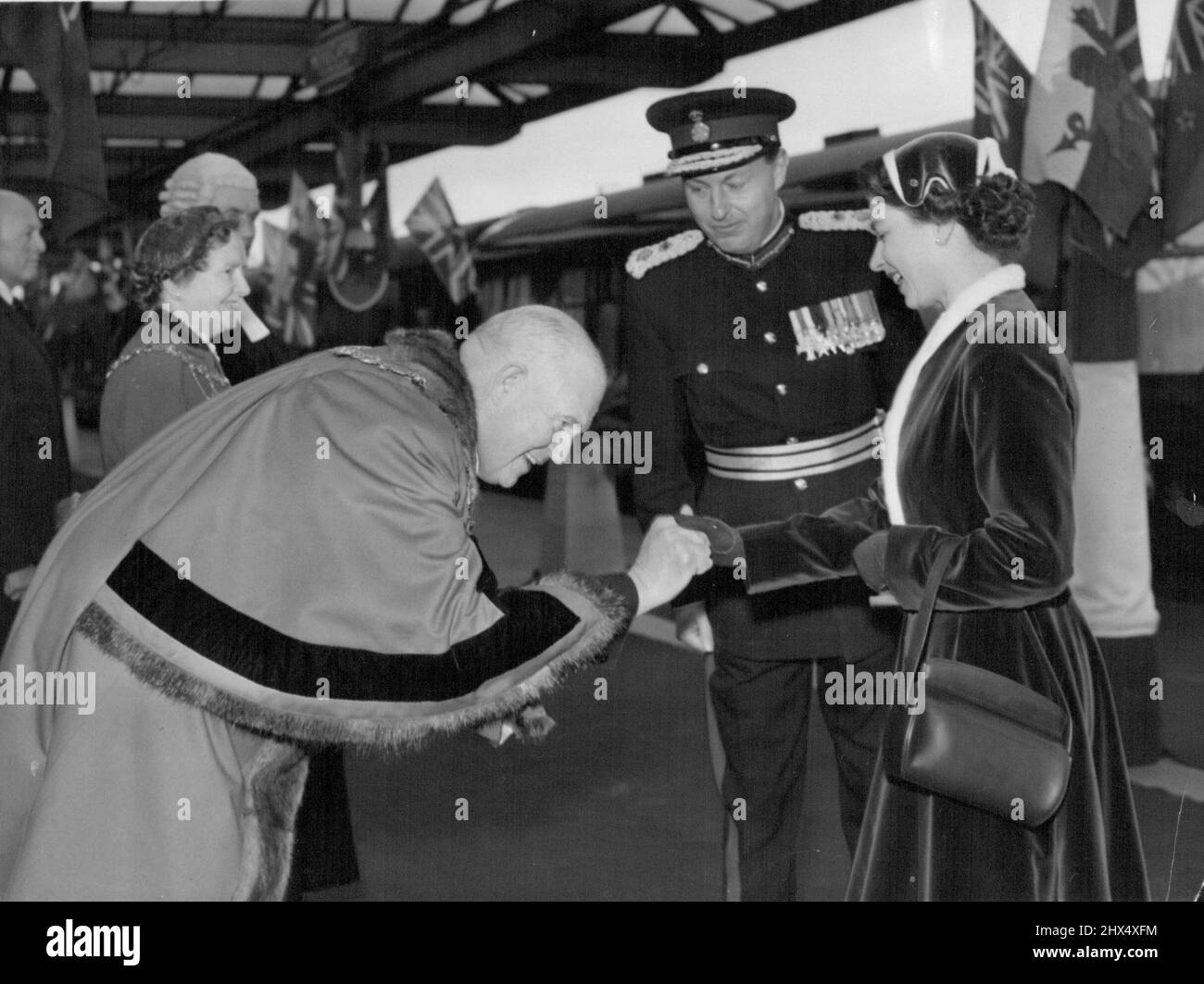 The Queen being greeted by the Mayor of Morecombe, Councillor E. B ...