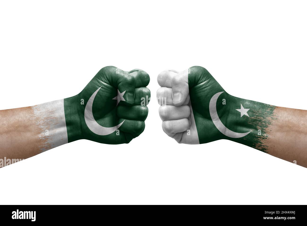 Two hands punch to each others on white background. Country flags ...