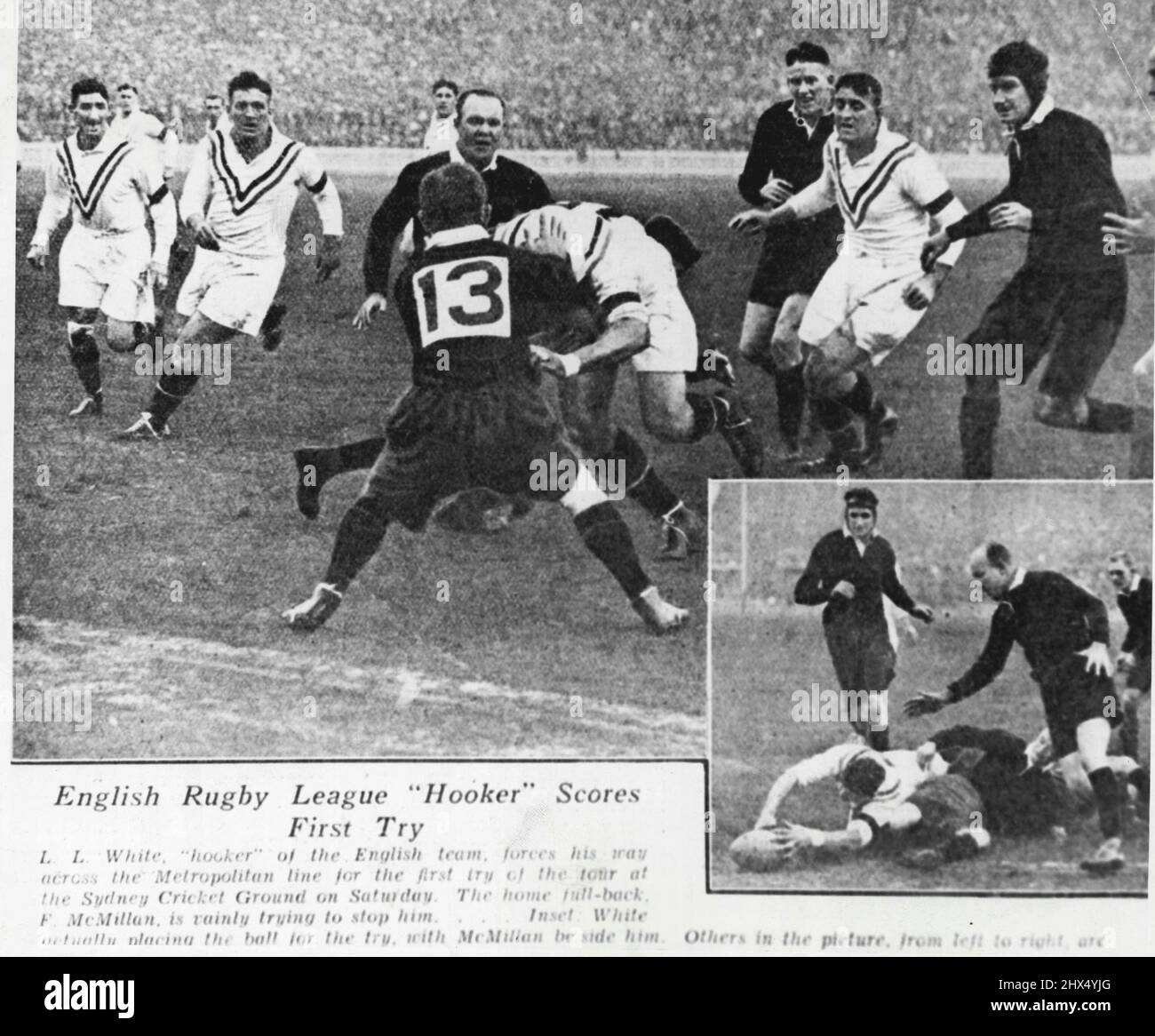 English Rugby League "Hooker" Scores First Try -- L. L. White, "hooker ...