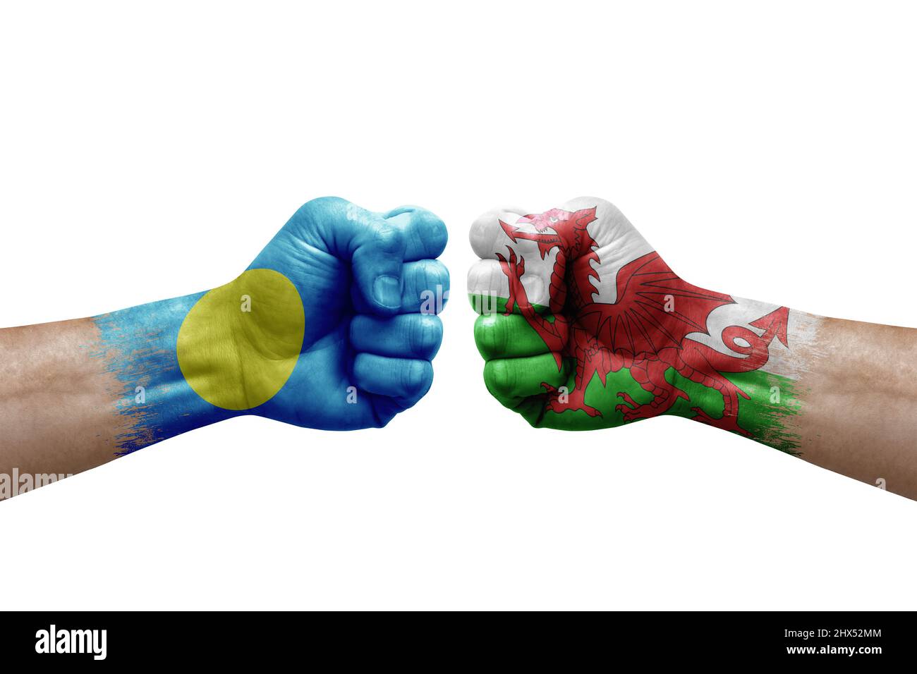 Two hands punch to each others on white background. Country flags ...