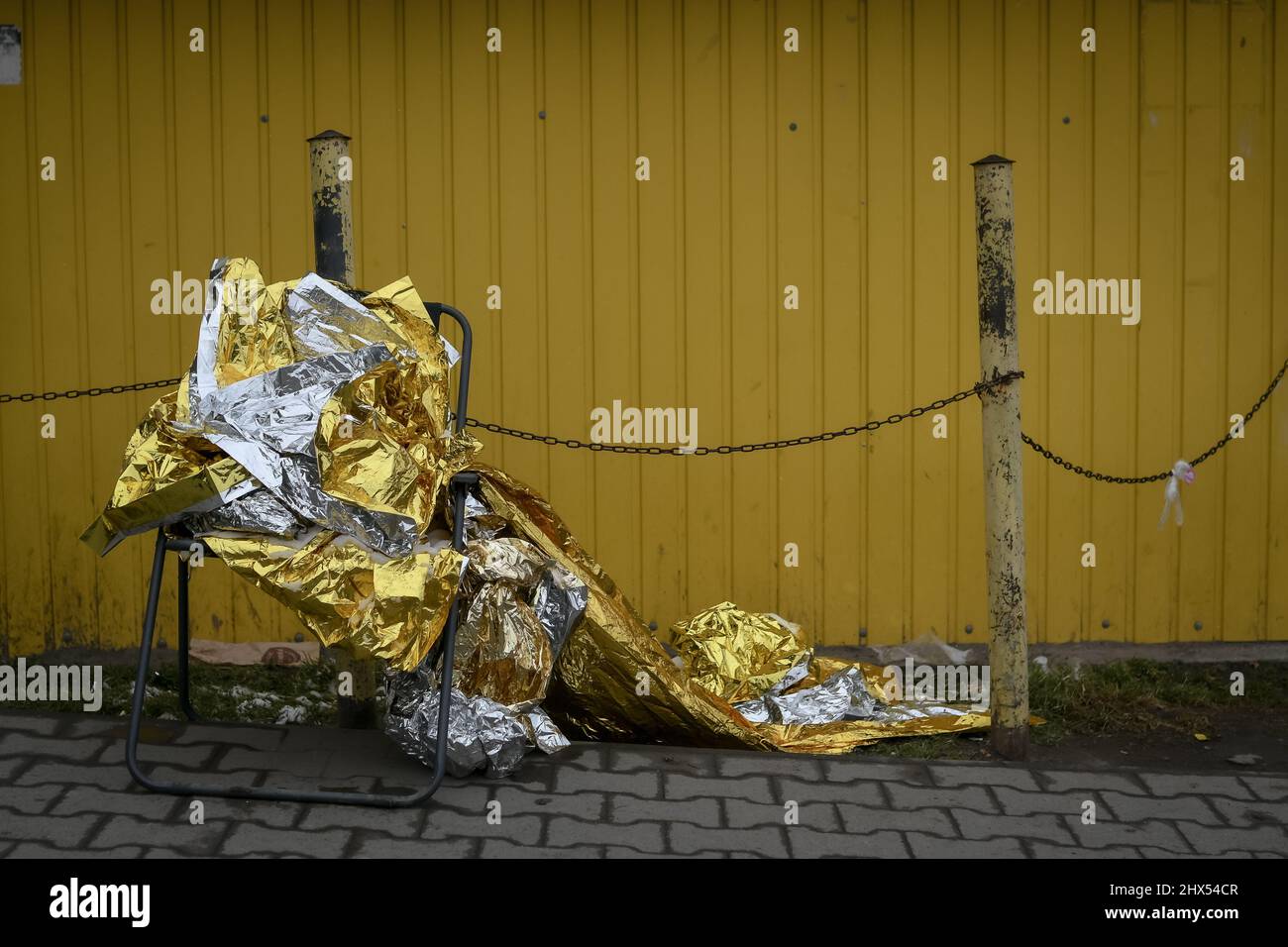 Medyka, Poland, March 9, 2022: temperature blankets are seen on a chair ...