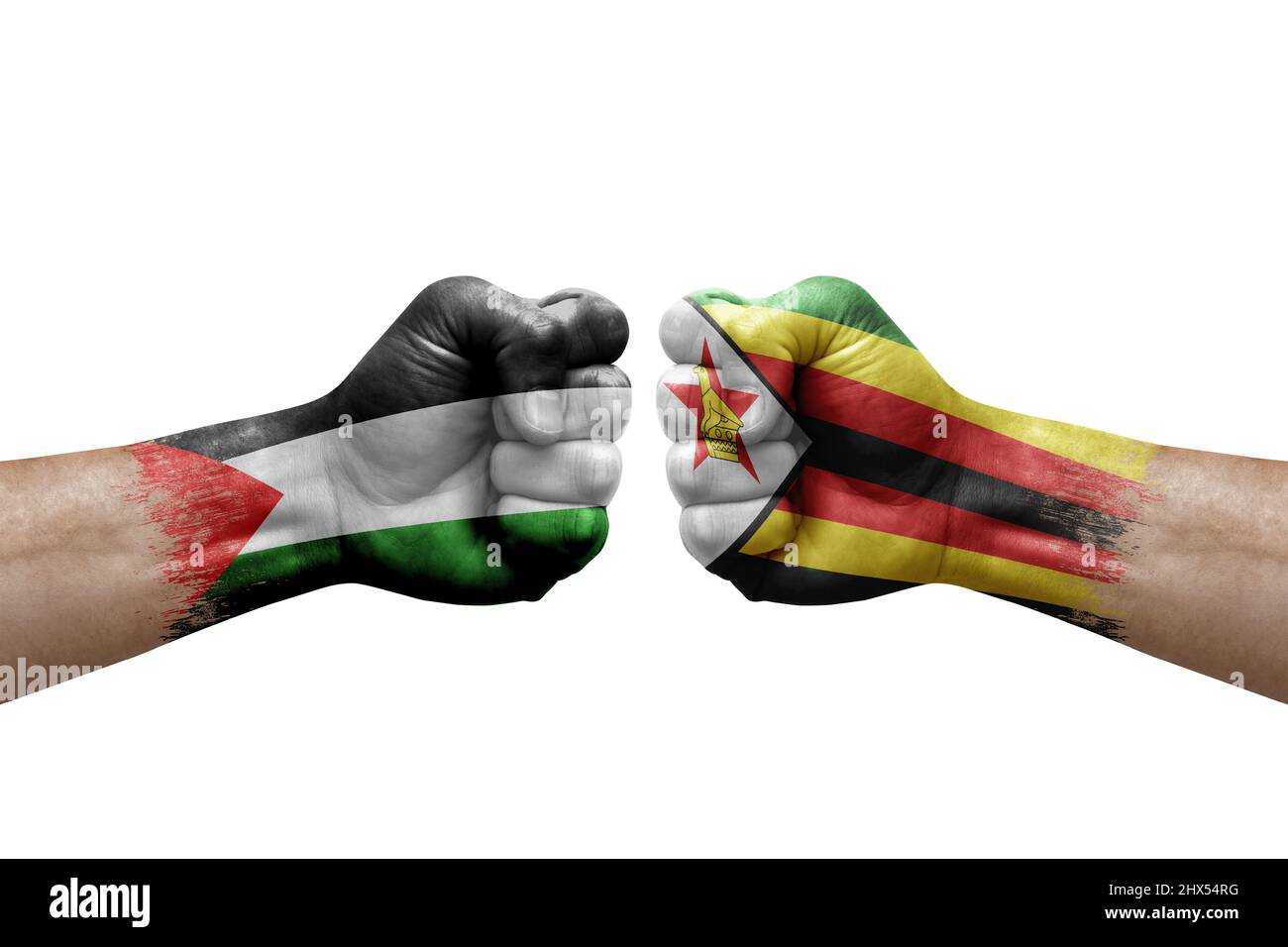 Two hands punch to each others on white background. Country flags ...