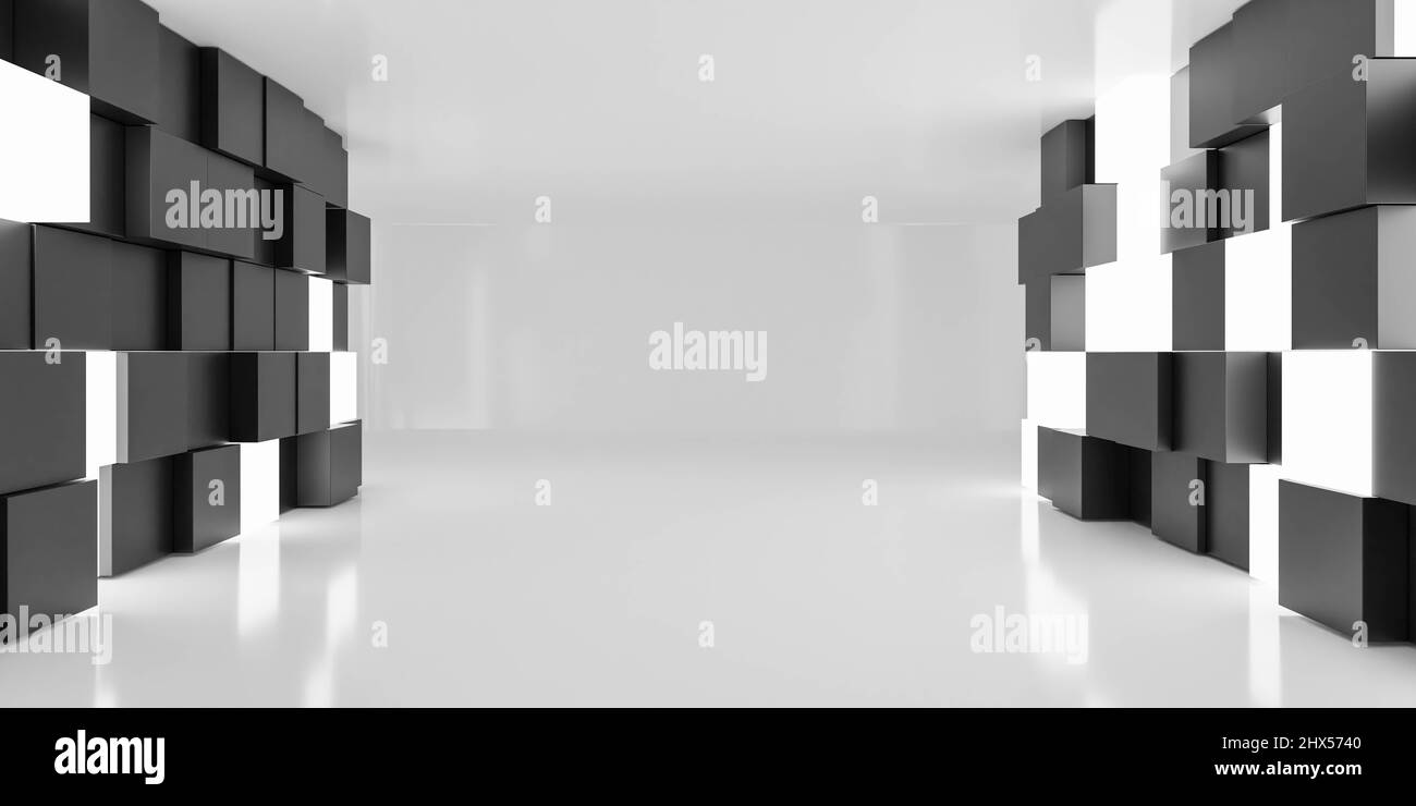 abstract empty cube wall room with black and white geometric shape ...