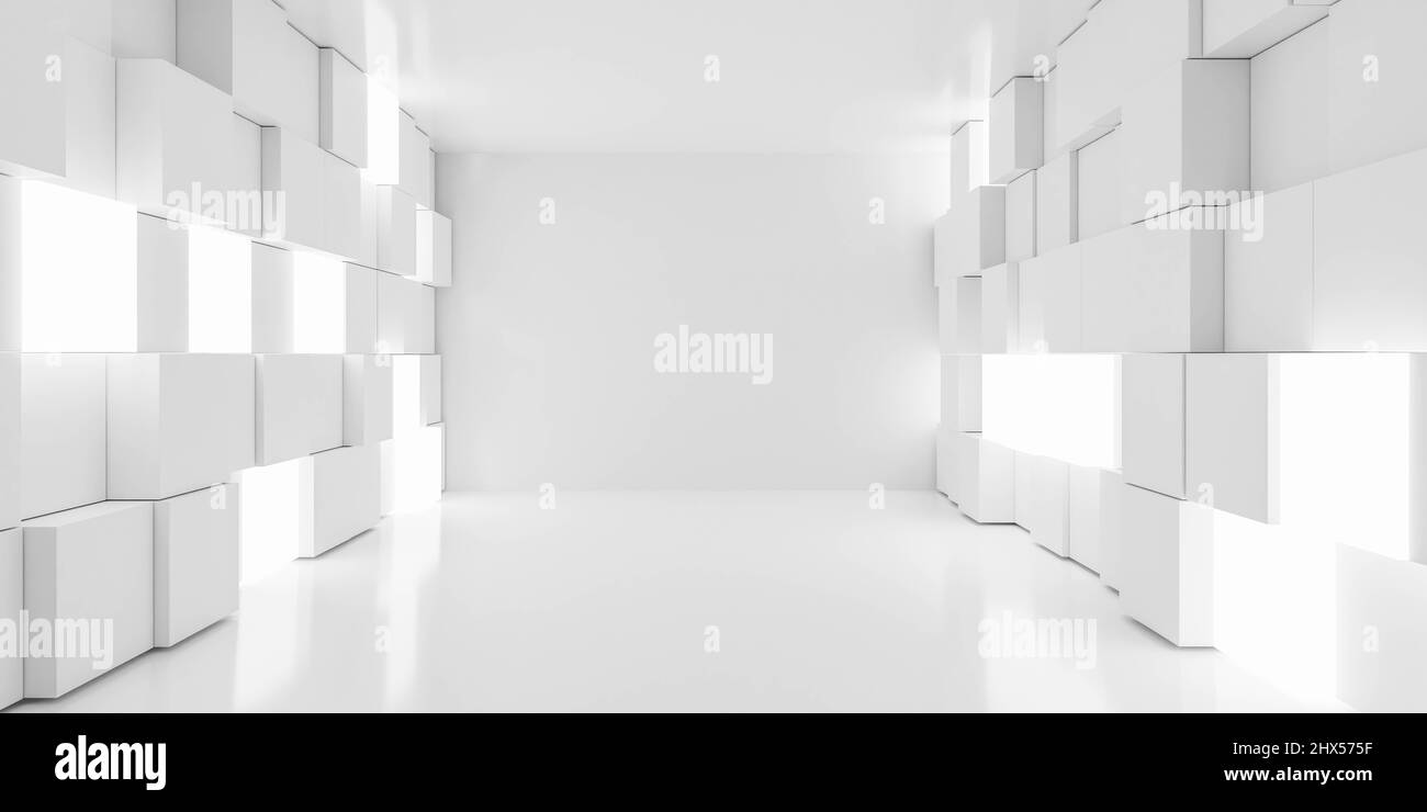 abstract empty cube wall room with white geometric shape walls 3d ...