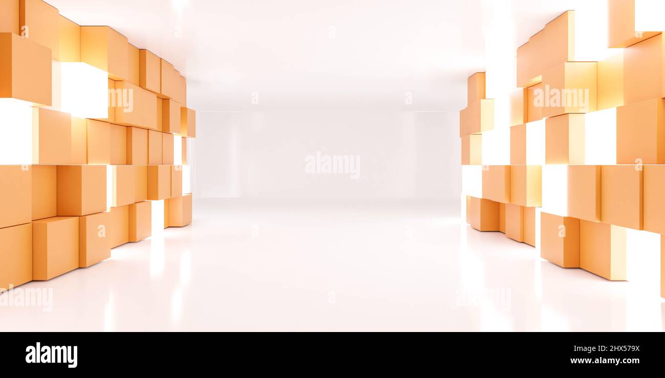 abstract empty cube wall room with orange and white geometric shape ...