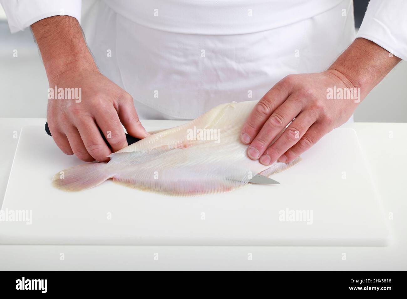 Preparing lemon sole, cutting into fillets, releasing fillet at ...