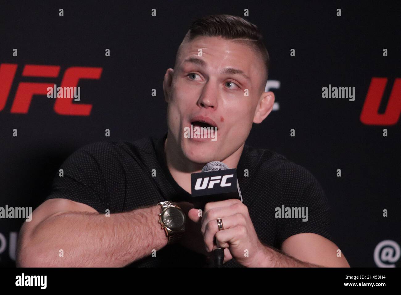 LAS VEGAS, NV - MARCH 9: Drew Dober interacts with media during the UFC ...