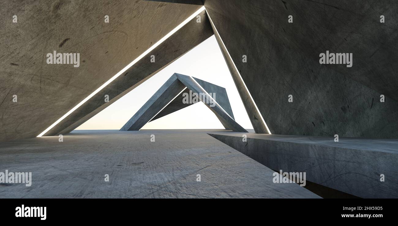 abstract empty environment with concrete futuristic buildings and sky ...