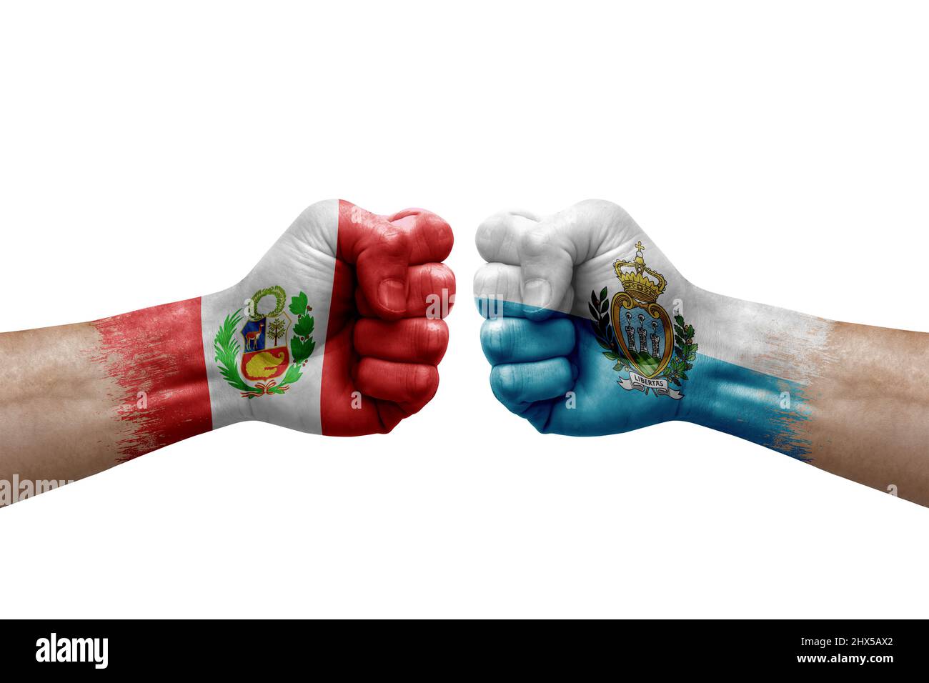 Two hands punch to each others on white background. Country flags ...