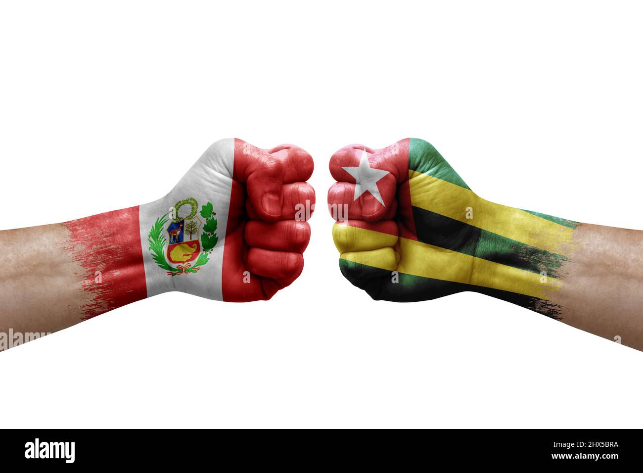 Two hands punch to each others on white background. Country flags ...