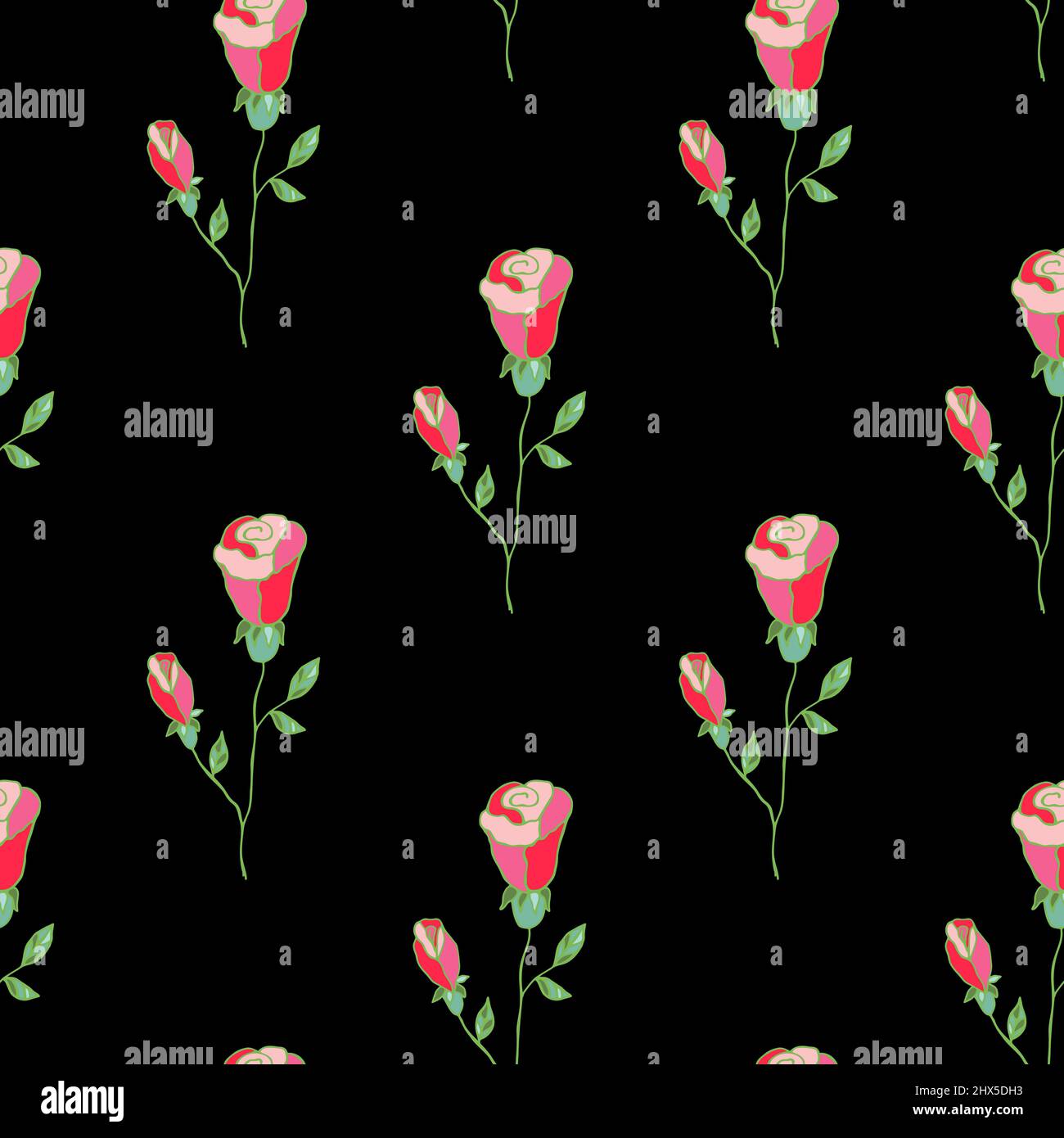 Pink roses on black background seamless vector pattern. Flowers on a ...