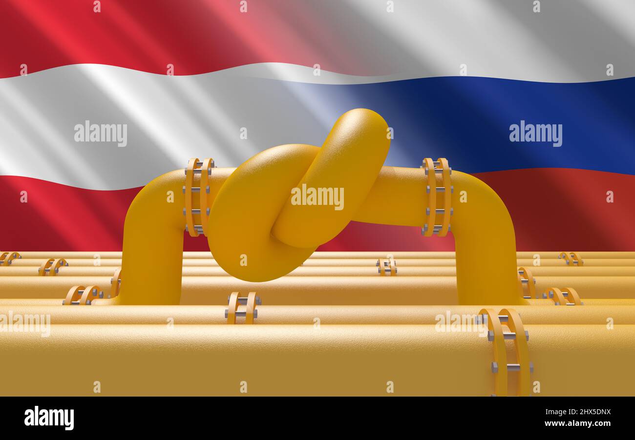 Fuel gas pipeline with a knot on background of Austria and Russian ...