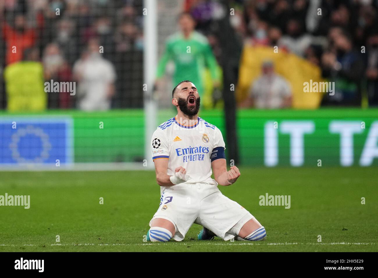 Madrid, Spain. March 09, 2022, Karim Benzema of Real Madrid celebrating ...