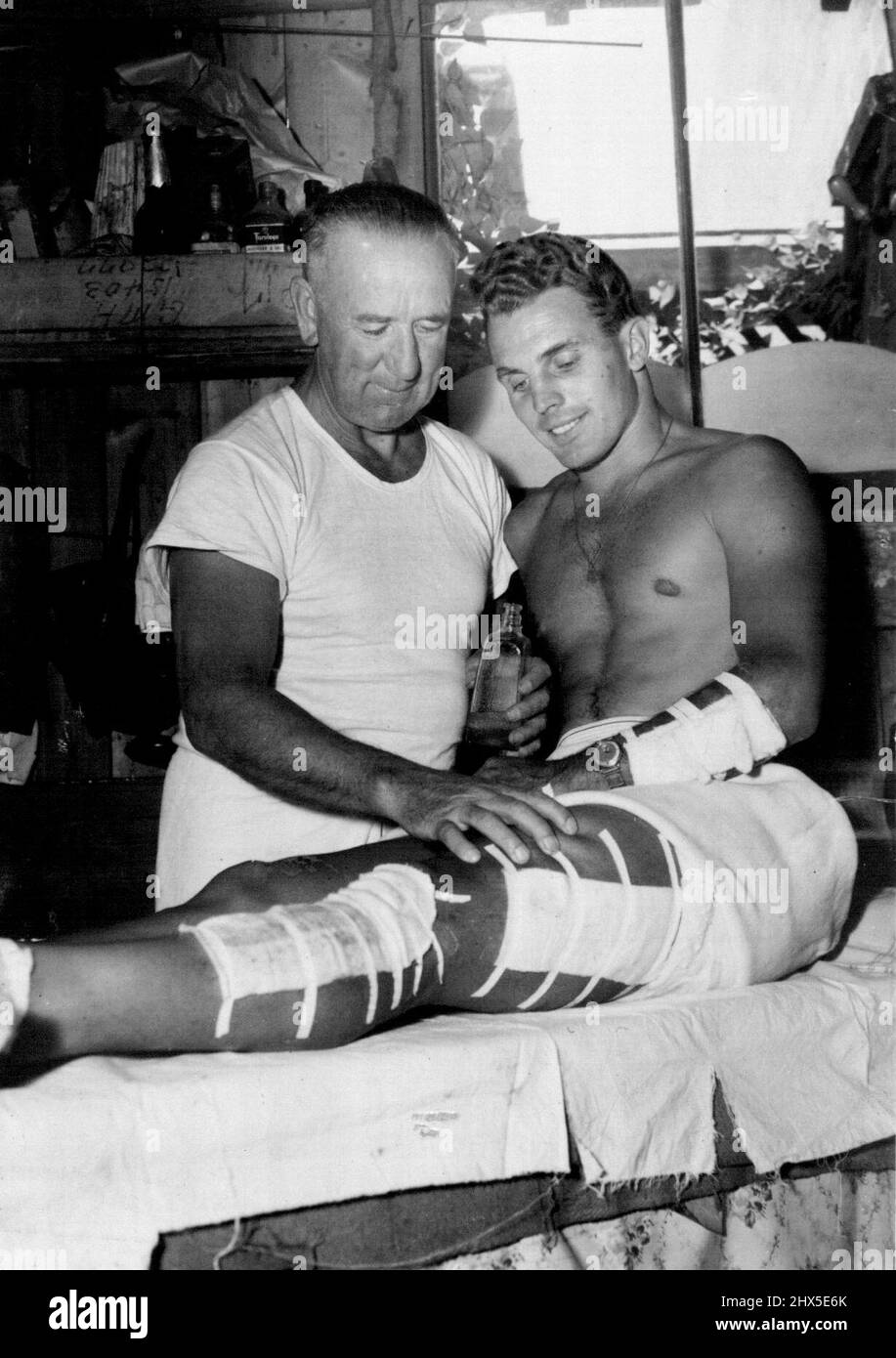 Olympic cyclist Lionel Cox, being treated by his trainer Jack ...