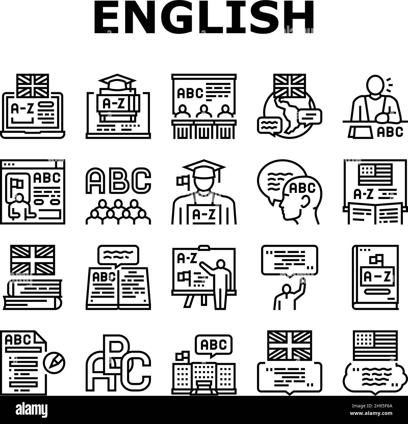 English Language Learn At School Icons Set Vector Stock Vector Image ...