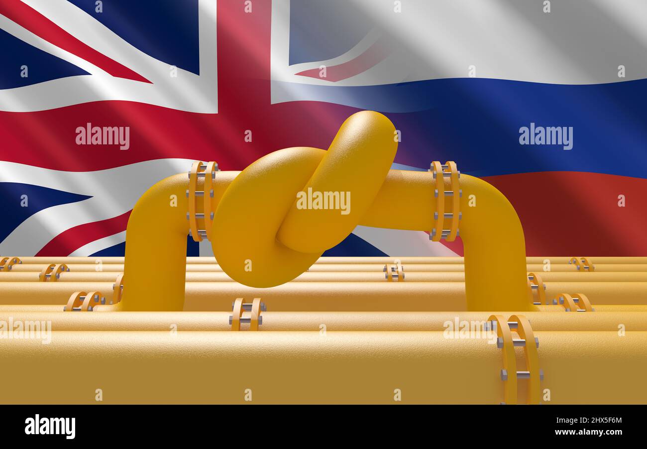 Fuel gas pipeline with a knot on background of UK and Russian flags. EU ...