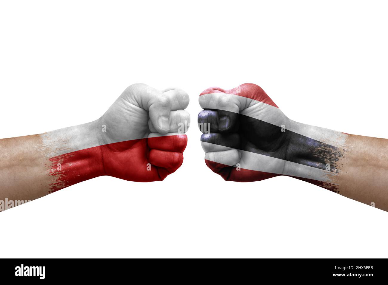 Two hands punch to each others on white background. Country flags ...