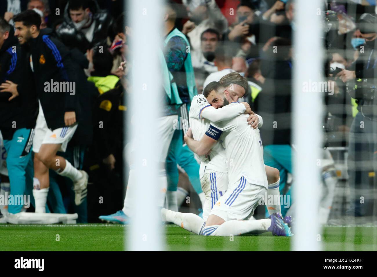 Karim Benzema of Real Madrid celebrates a goal with Luka Modric during ...