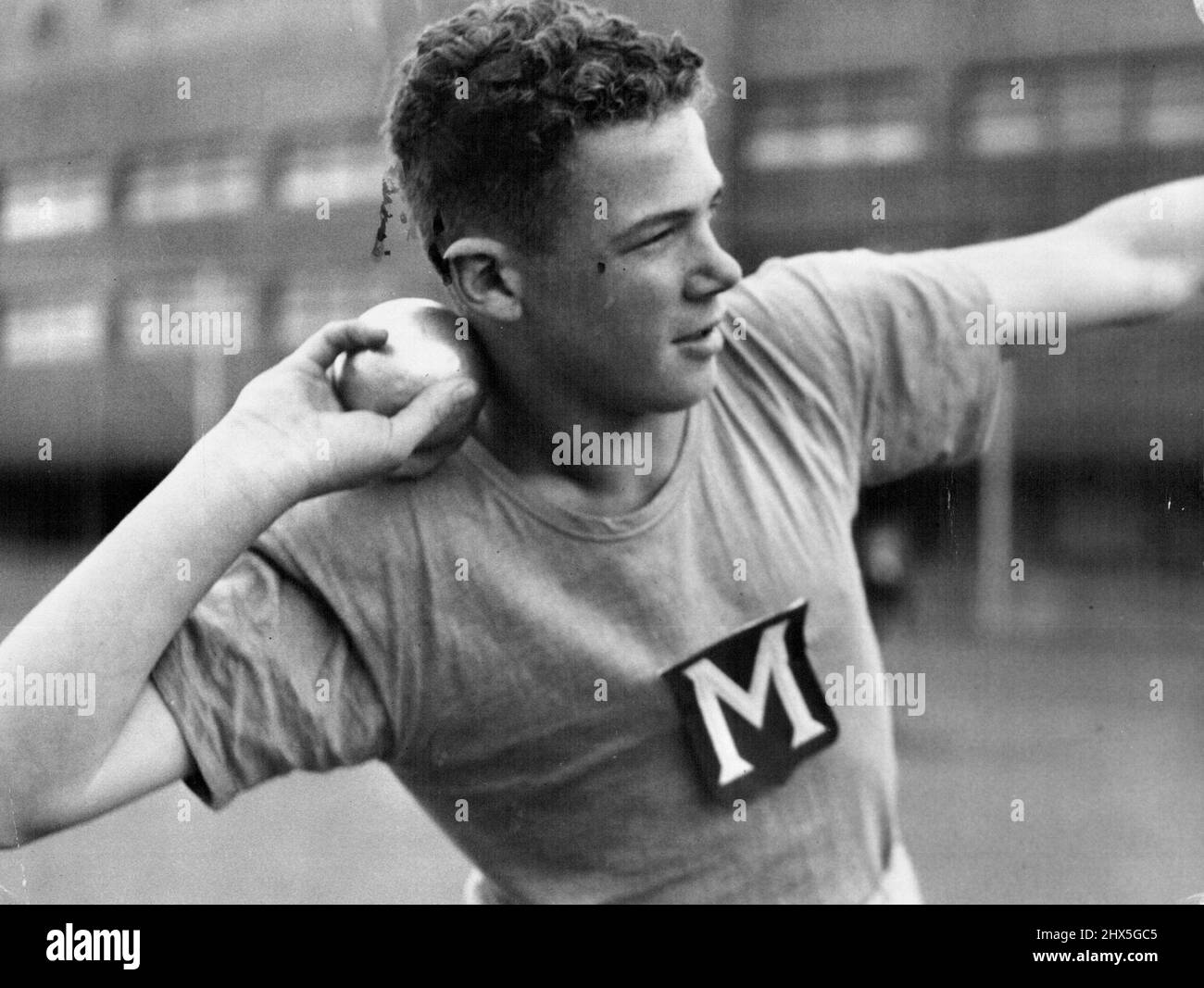 Marrickville athlete J. Wakeham, winner of the under 16 shot put at the ...