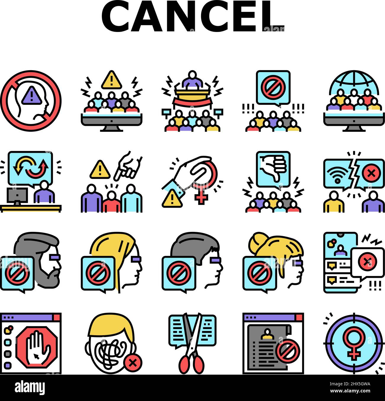 Cancel Culture And Discrimination Icons Set Vector Stock Vector Image ...