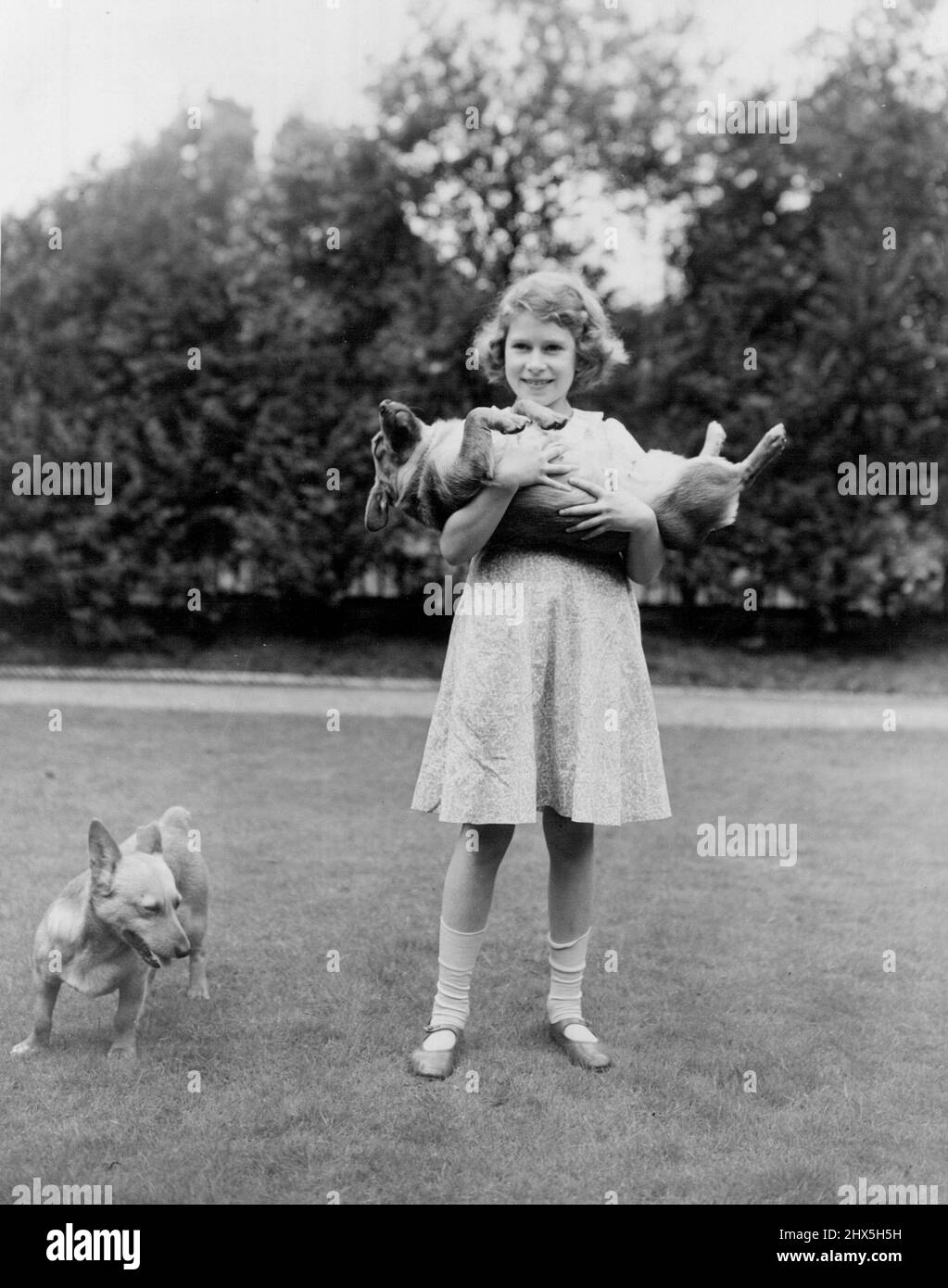 Queen elizabeth ii with her dogs Black and White Stock Photos & Images ...