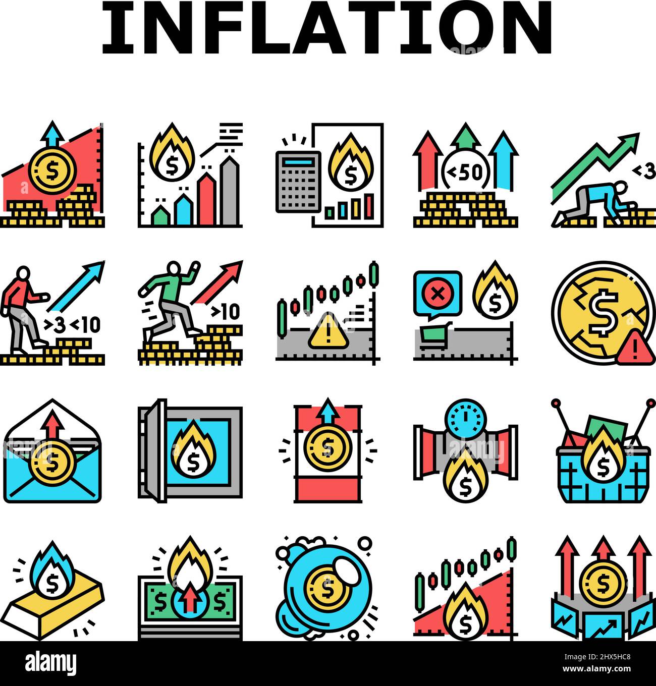 Inflation Financial World Problem Icons Set Vector Stock Vector Image ...